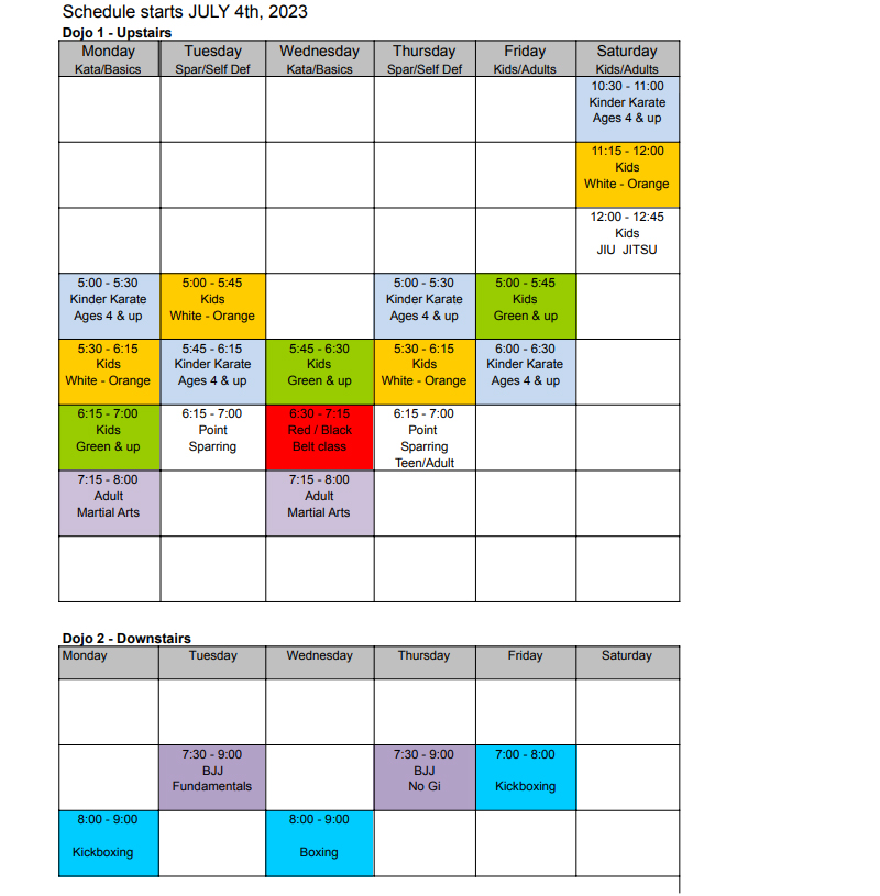 Class Schedule | Perrins Martial Arts